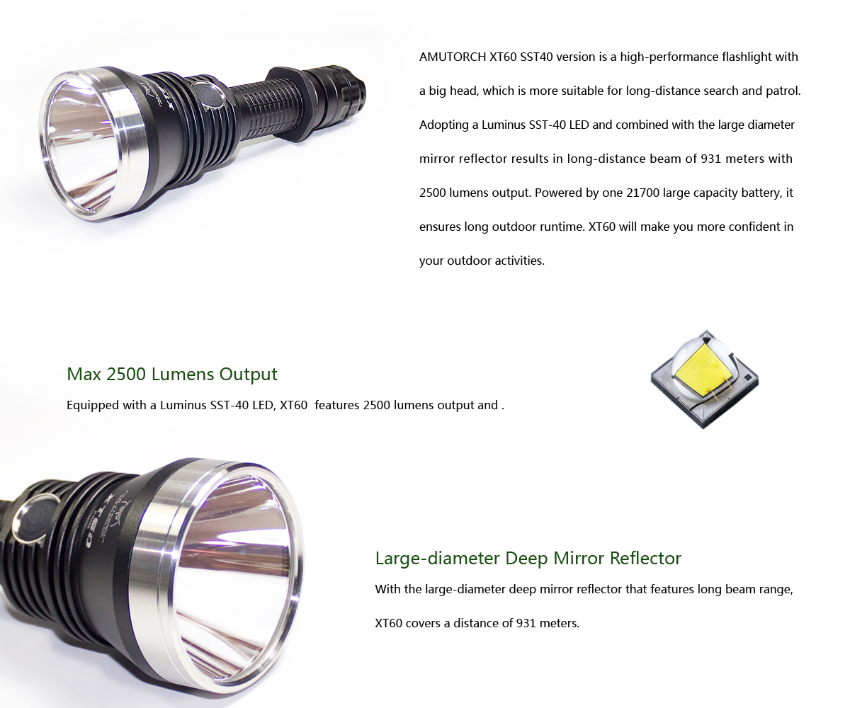 AMUTORCH XT60, Luminus SST-40 LED, 2500 lumens, 931 meters